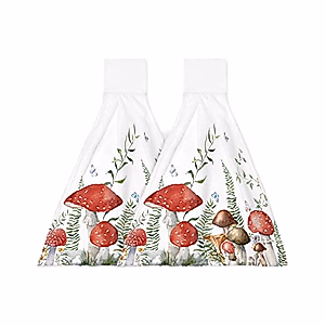 LBDOMOV Mushroom Kitchen Hand Towel,Soft Hanging Dish Towels with Loop,Bohomia Botanical Floral Wildflowers Green Leaves Butterflies Absorbent Drying Cleaning Cloth Dishclothes Decorative Sets,2-PC
