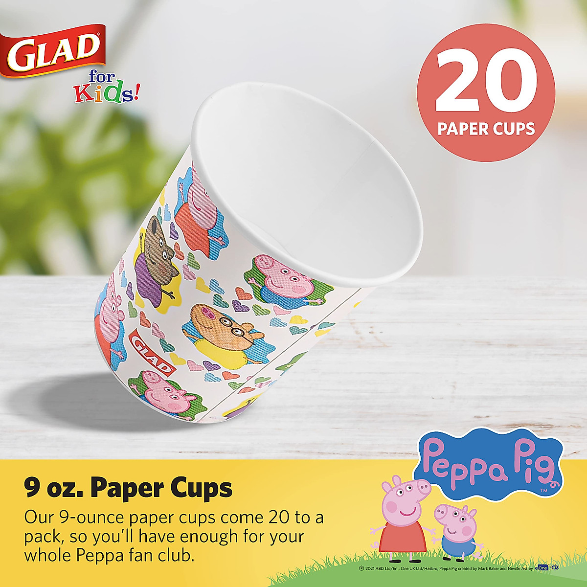 Glad for Kids 9 oz Peppa Pig Friends Paper Cups, 20 Ct | Disposable Paper Cups with Peppa Pig Characters | Peppa Pig Paper Cups for Kids for Everyday Use