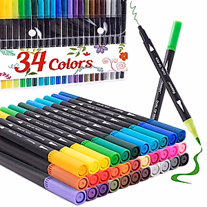 Coloring Markers Pen, Dual Brush Tip Marker for Adult Coloring, 34 Color Calligraphy Fine Tip Pen for Beginner Journal Planner, Drawing, Doodle