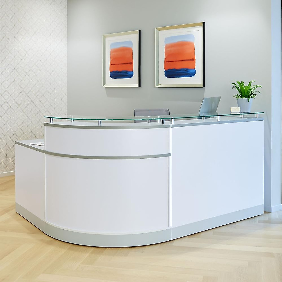 NBF Modern Reception Desk with Counter, Front Desk, Retail Checkout Counter, L Shaped, Office, Lobby, Salon, Store, Curved, 79" W x 63" D, Driftwood