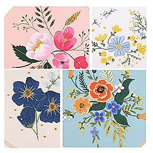 Myfelicity 4 Sets of Embroidery Starter Kits, Adult Women’s Hobbies, Including Cloth with Floral Patterns, Colored Threads, Needles, Hoops and Instructions