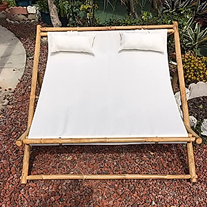Statra Rattan Bamboo Folding Sling Chairs for 2 People Patio Camping Relax Garden Pool Beach Lounge Outdoor Reclining, Double seat, White