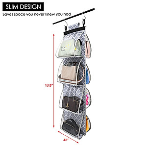BeeGreen Purse Organizer for Cloest Handbag Storage Bag Hanging Purse Holder with 8 Clear Pockets & 2 Swivel Hooks, Grey with White, 16" x 10" x1.3" for Women