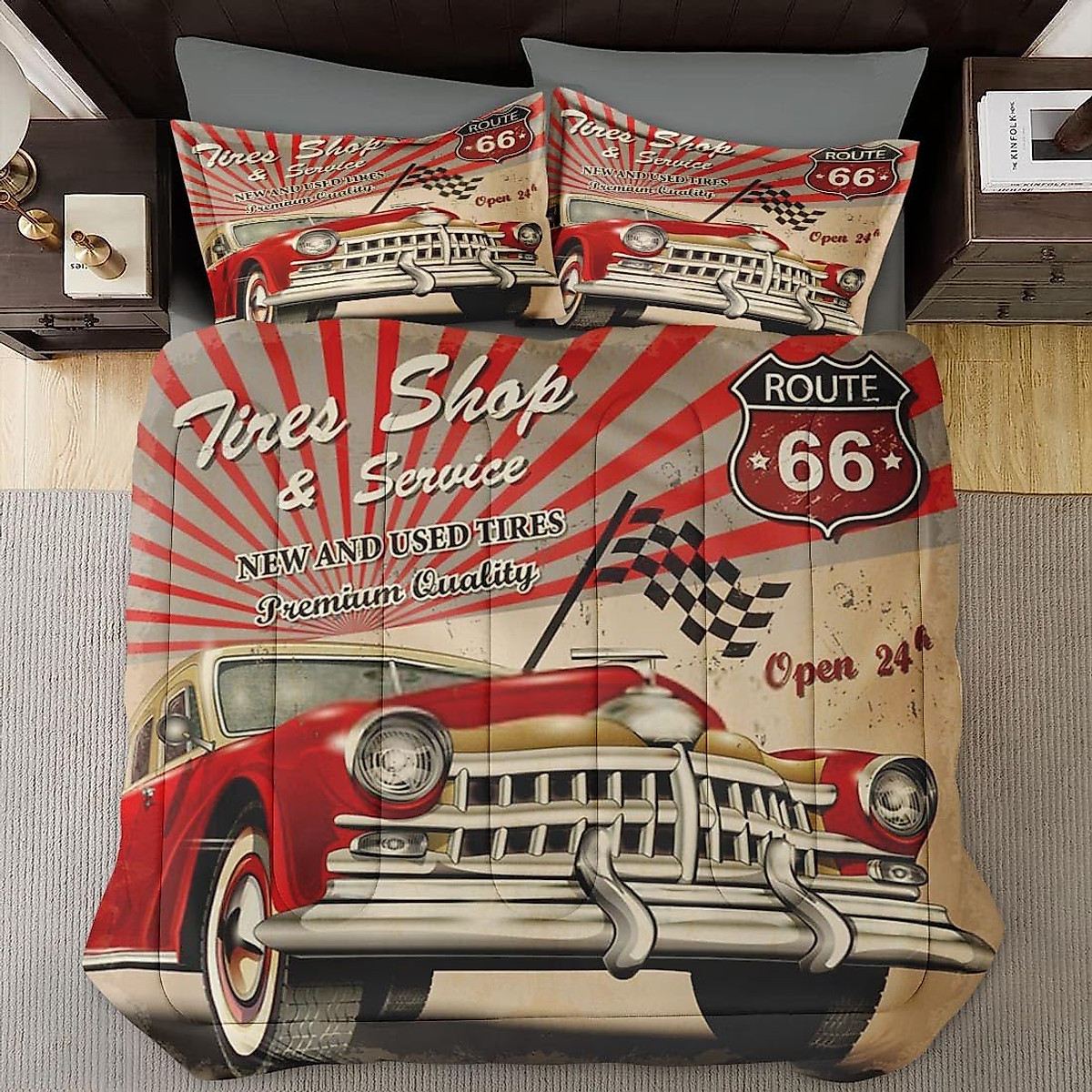 Pinbeam Comforter Set Queen Size, Tire Retro Vintage Car Soft Bedding Set for Kids and Adults, Vehicle Automotive Garage Comforter Set with 2 Pillowcases for Bedroom Bed Decor