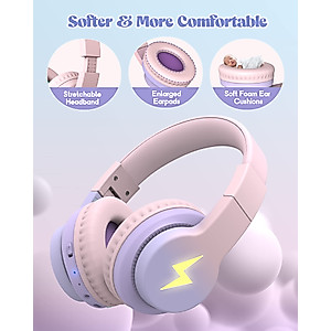 Kids Bluetooth Headphones, Colorful Wireless Over Ear Headset with LED Lights, Built-in Mic, 45H Playtime, 85dB/94dB Volume Limited Headphones for Boys Girls iPad Tablet School Airplane Pink Purple