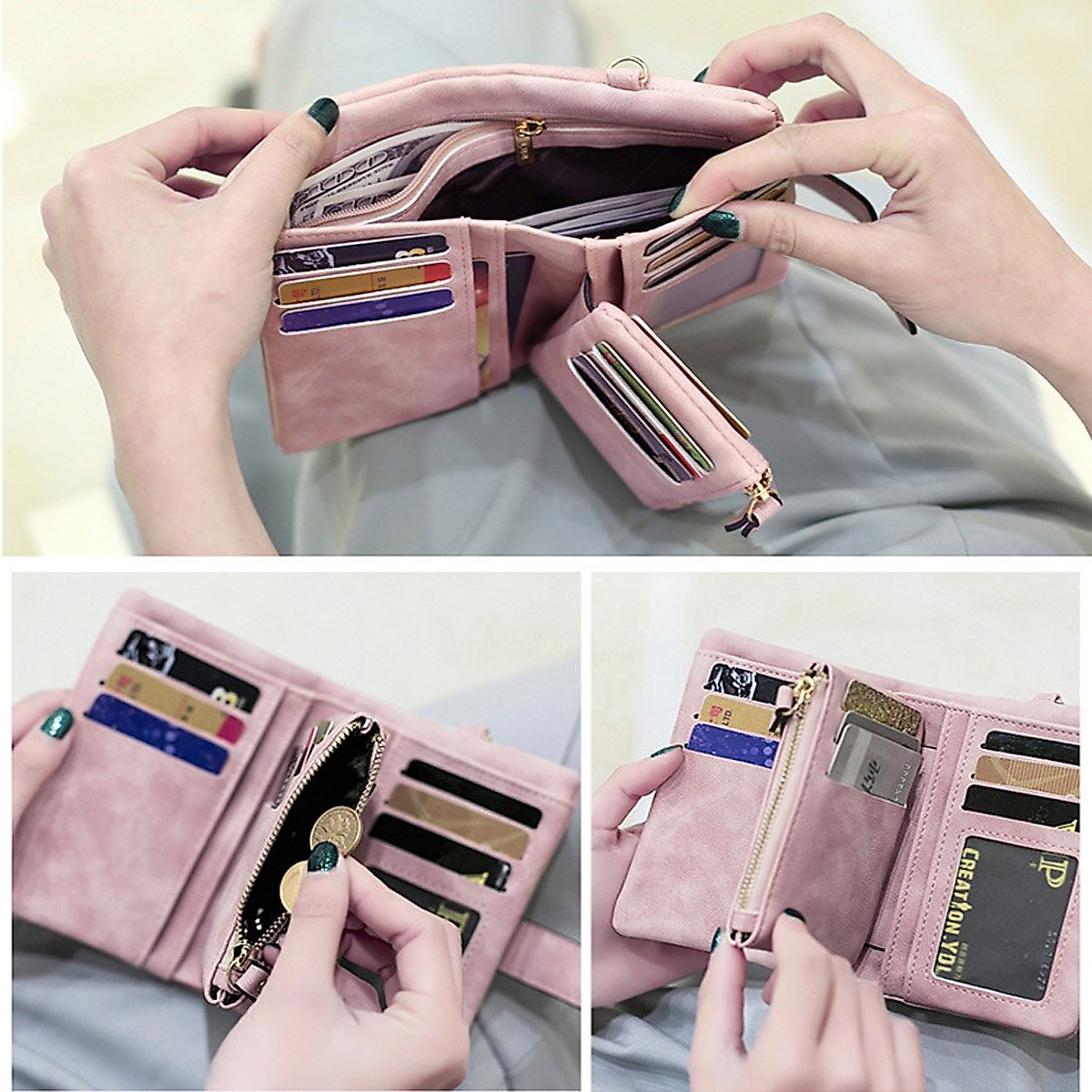 TOPKULL Bifold Small Rfid Soft Leather Ladies Trifold Wallets Billfolds Mini Wristlet Clutch Cute Zipper Coin Purse with Wrist Strap (Pink)