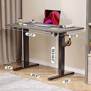 JYLH JOYSEEKER Grey Standing Desk, 48 X 24 Inch Adjustable Height Electric Desk, Sit Stand Desk with 2 Hooks, Ergonomic Rising Desk with Splice Board
