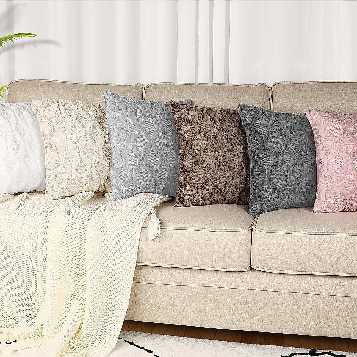 Henzxi Set of 2 Throw Pillow Covers 18x18 Inches Farmhouse Decorative, Square Boho Cushion Case with Faux Velvet Soft Plush Short Wool, Beige