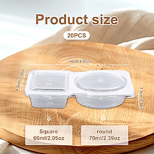 NQEUEPN 20pcs Double Condiment Containers, Square & Round Condiment Containers with Lids 2 Compartment Snack Containers Double Sauce Containers for Camping Travel, Easy to Clean
