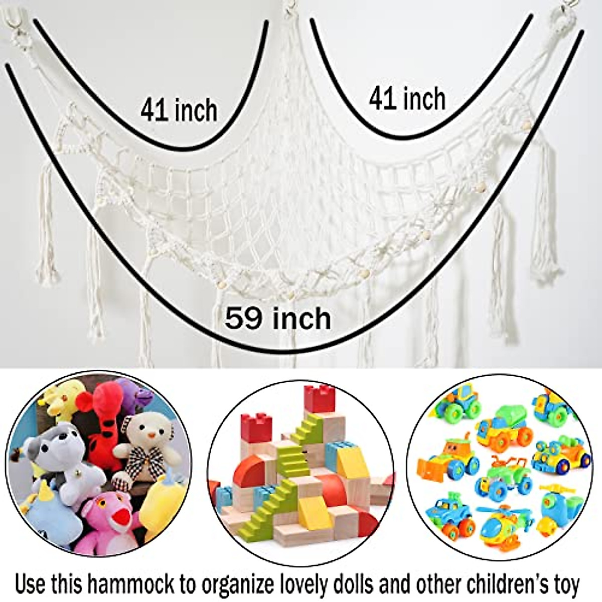 Stuffed Animal Hammock, Toy Hammock Stuffed Animal Net with Tassels Macrame, Corner Plush Toys Net Holder Hanging Net Storage Organizer for Boho Nursery, Play Room, Kids Bedroom