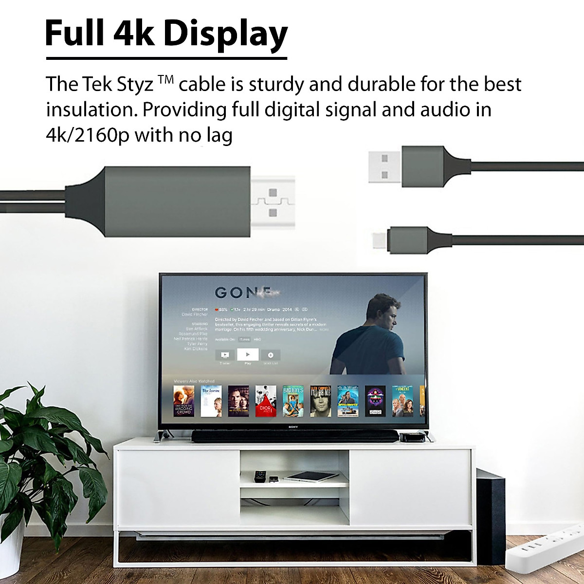 Tek Styz Powered USB-C 4k HDMI Cable Compatible with Motorola One Action Plus USB Charging at Max 2160p@60Hz, 6Ft/2M Cable [Gray, Thunderbolt 3]