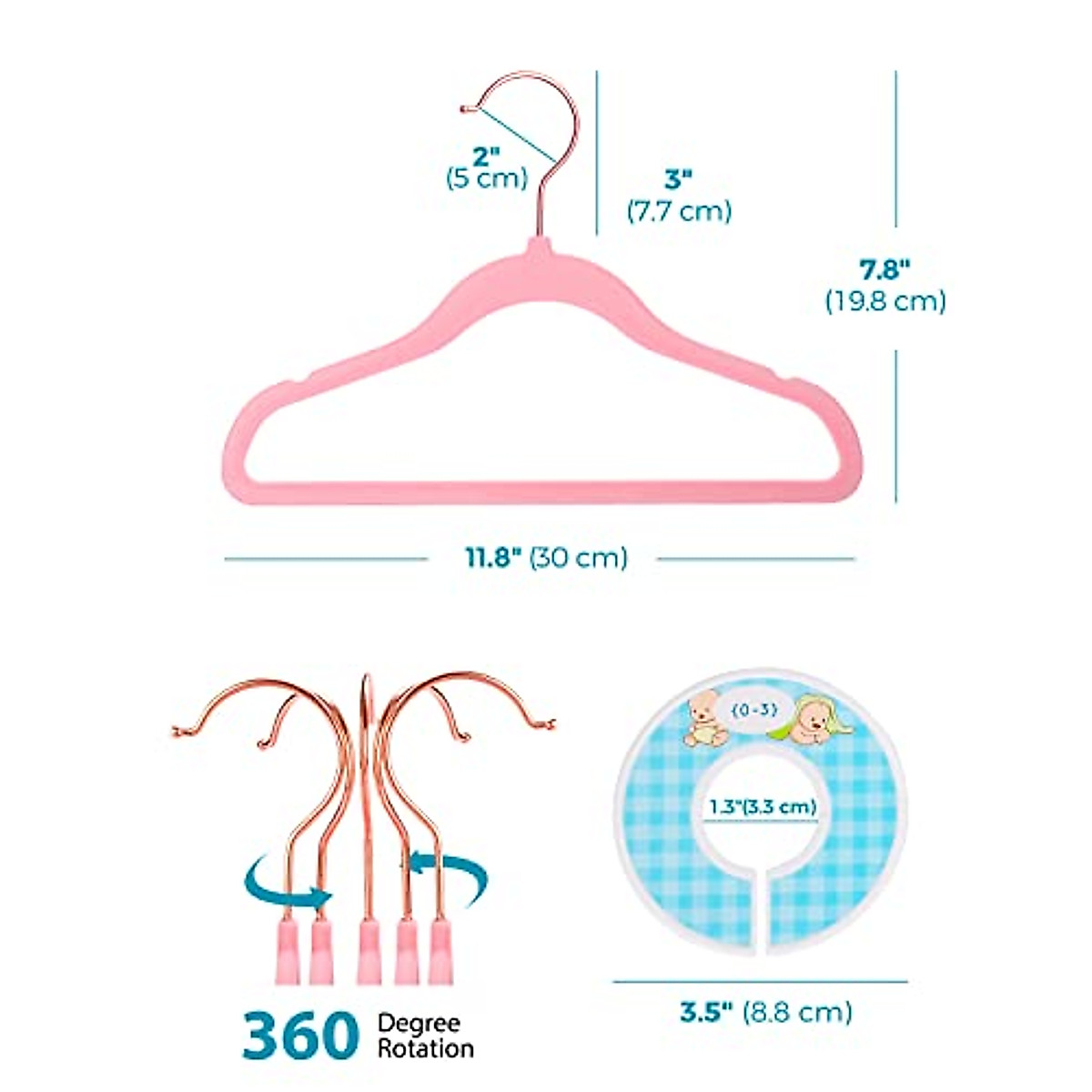 Smartor Premium Velvet Baby Hangers for Closet 50 Pack, 11.8" Safe Durable Baby Clothes Hangers for Nursery with 6 Pcs Closet Dividers, Sturdy Felt Hangers for Toddler/Infant/Kids/Childrens - Pink