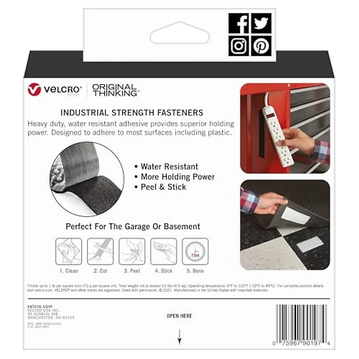 VELCRO Brand Heavy Duty Tape with Adhesive | 15 Ft x 2 In | Holds 10 lbs, Black | Industrial Strength Roll, Cut Strips to Length | Strong Hold for Indoor or Outdoor Use, 15ft x 2in