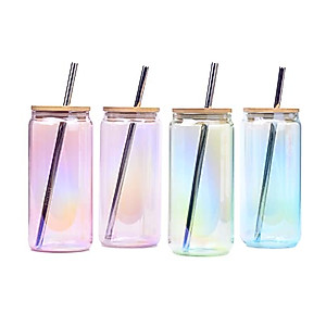 H&T Designs 4 Pack Iridescent Mason Jar Cups Drinking Glasses with Bamboo Lids Stainless Steel Straws