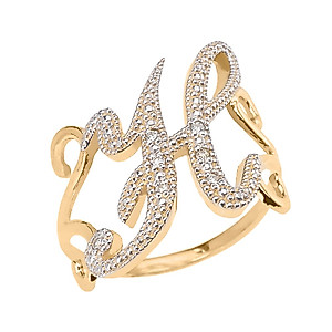 Initial Rings 14k Yellow Gold Modern Cursive H Diamond (Size 7)