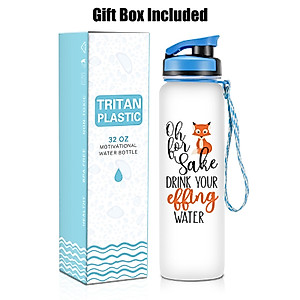 LEADO 32oz 1Liter Motivational Water Bottle with Time Marker - for Fox Sake Drink Your Effing Water - Funny Mothers Day, Birthday Gifts for Women Men Mom Daughter Sister Wife Friend Coworker