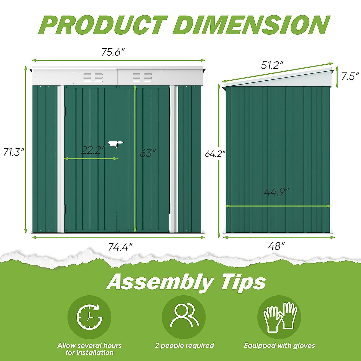 Greesum Outdoor Storage Shed 6x4FT All Weather Metal Garden Shed with Lockable Double Doors for Garden Tools, Toys and Sundries, Green