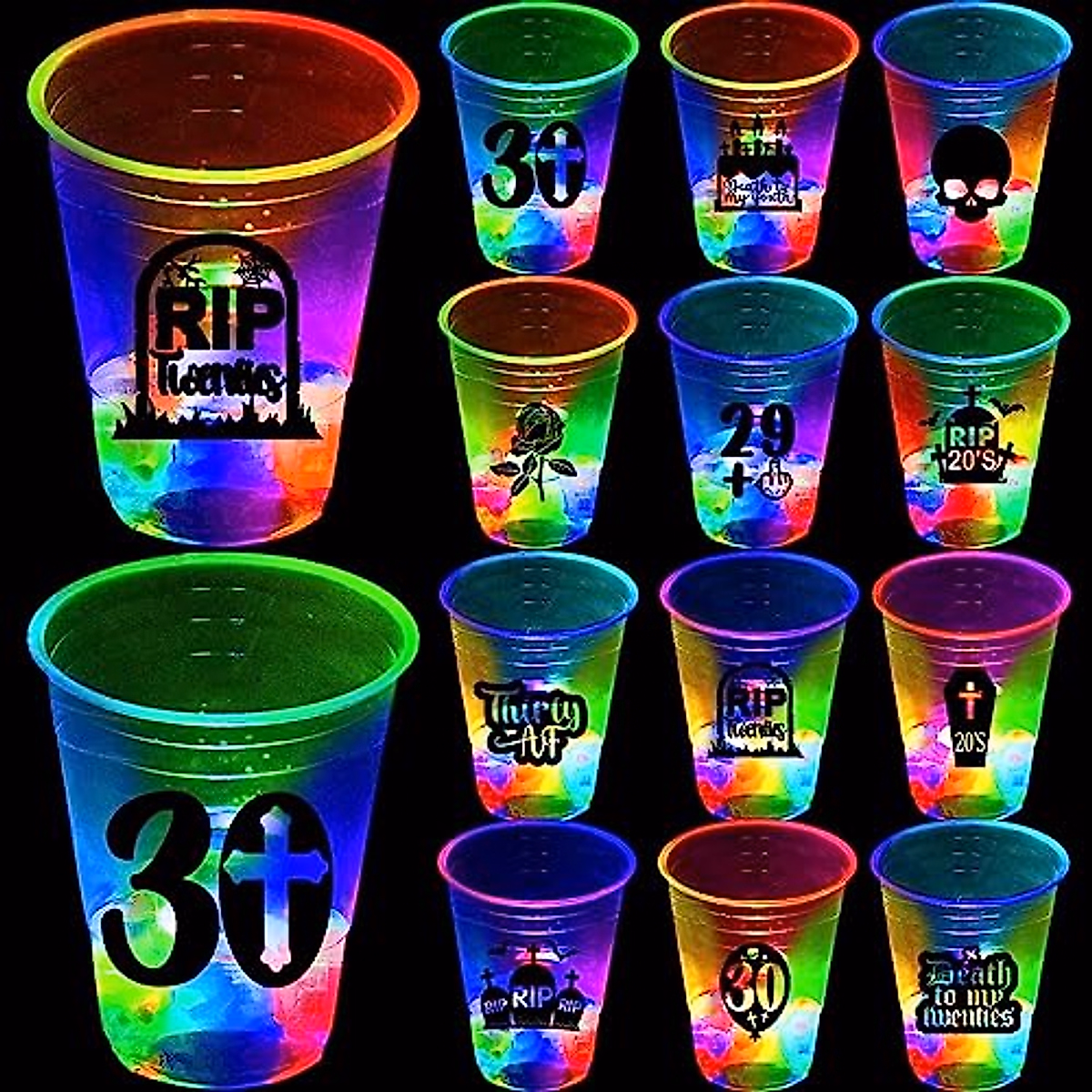 mishunyus 24 Pcs Glow 30th Birthday Decorations,Death to My 20s Party Cups,RIP to My 20s Birthday Decorations for Funny 30th Birthday Party Supplies，RIP Twenties Birthday Cups(16 oz)