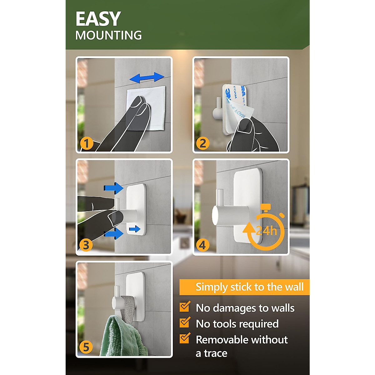 4smile Towel Hooks for bathrooms, Set of 6 - White Adhesive Hooks, Durable Adhesive Wall Hooks - Strong Adhesive Towel Hooks, Stick on Hooks