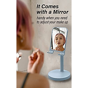 KN FLAX Cell Phone Stand with Mirror Mobile Phone and iPad Holder for Desk with Adjustable View Angle & Height, Handsfree Smart Phone Cradle, Dock for Office Kitchen Traveling Accessories - Pink