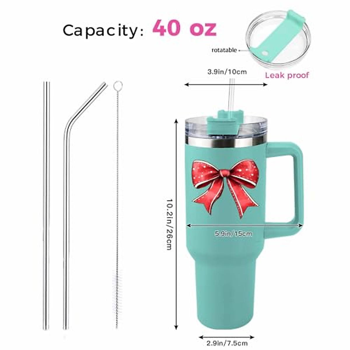 LB LEOBON 40 ounce insulated cup with handle, double-layer vacuum stainless steel material, equipped with straw, can keep warm or maintain cold drinks Big Red Bow Lake Green