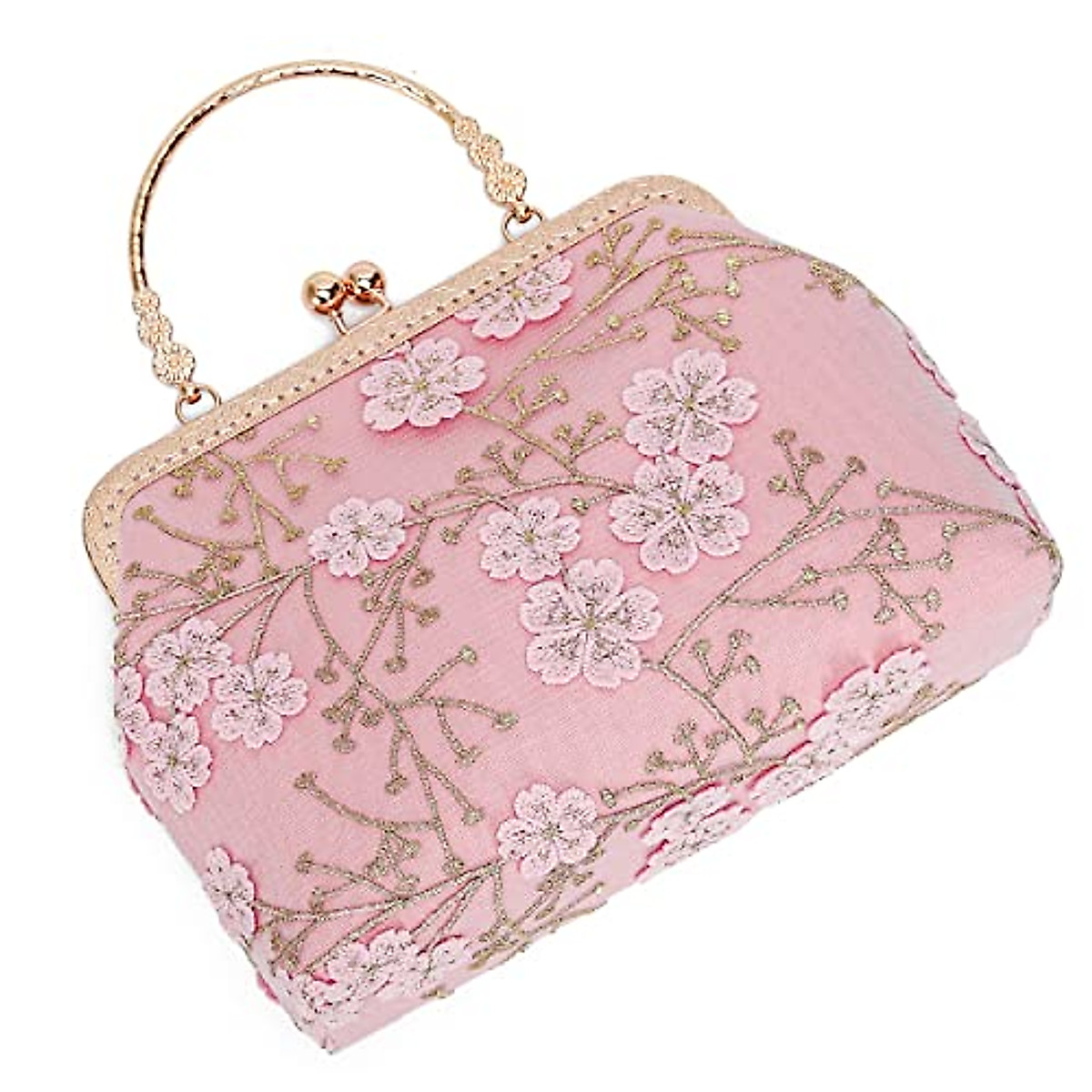 Rejolly Women Vintage Kiss Lock Clutch Handbag Floral Evening Purse Crossbody Shoulder Bag with Chain Strap (Pink)