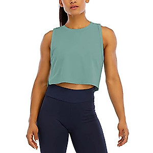 HIOINIEIY Womens Crop Top Workout Cropped Shirts Muscle Tank Athletic Gym Exercise Clothes Light Green L