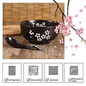 YingXue Japanese Cuisine Bowl (6.3 by 3.15 In) Set with Wooden Lid, Soup Spoon, Wooden Chopsticks, Bamboo Tray, Ceramics Sakura Ramen bowl, Ceramic Instant Noodle Bowl, Salad Bowl Soup Bowl Rice Bowl