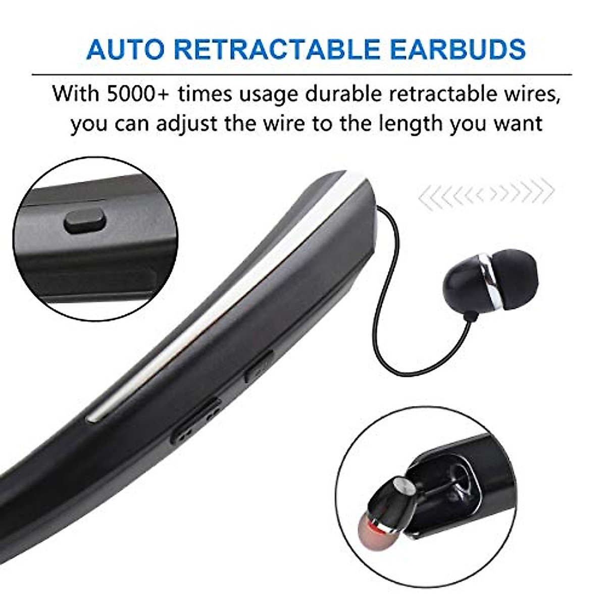 Retractable Bluetooth Headphones Neckband, Wireless Headsets Stereo Earbuds Earphone Noise Canceling with Mic Compatible with iPhone,Samsung,Android,iPad,PC