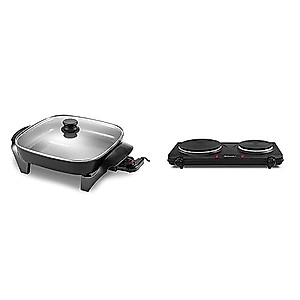 Elite Gourmet EG2212 12"x12"x2.15” Healthy Ceramic Coated Electric Skillet, Dishwasher Safe, Rapid Heat Up, 1200W & EDB-302BF# Countertop Double Cast Iron Burner, 1500 Watts