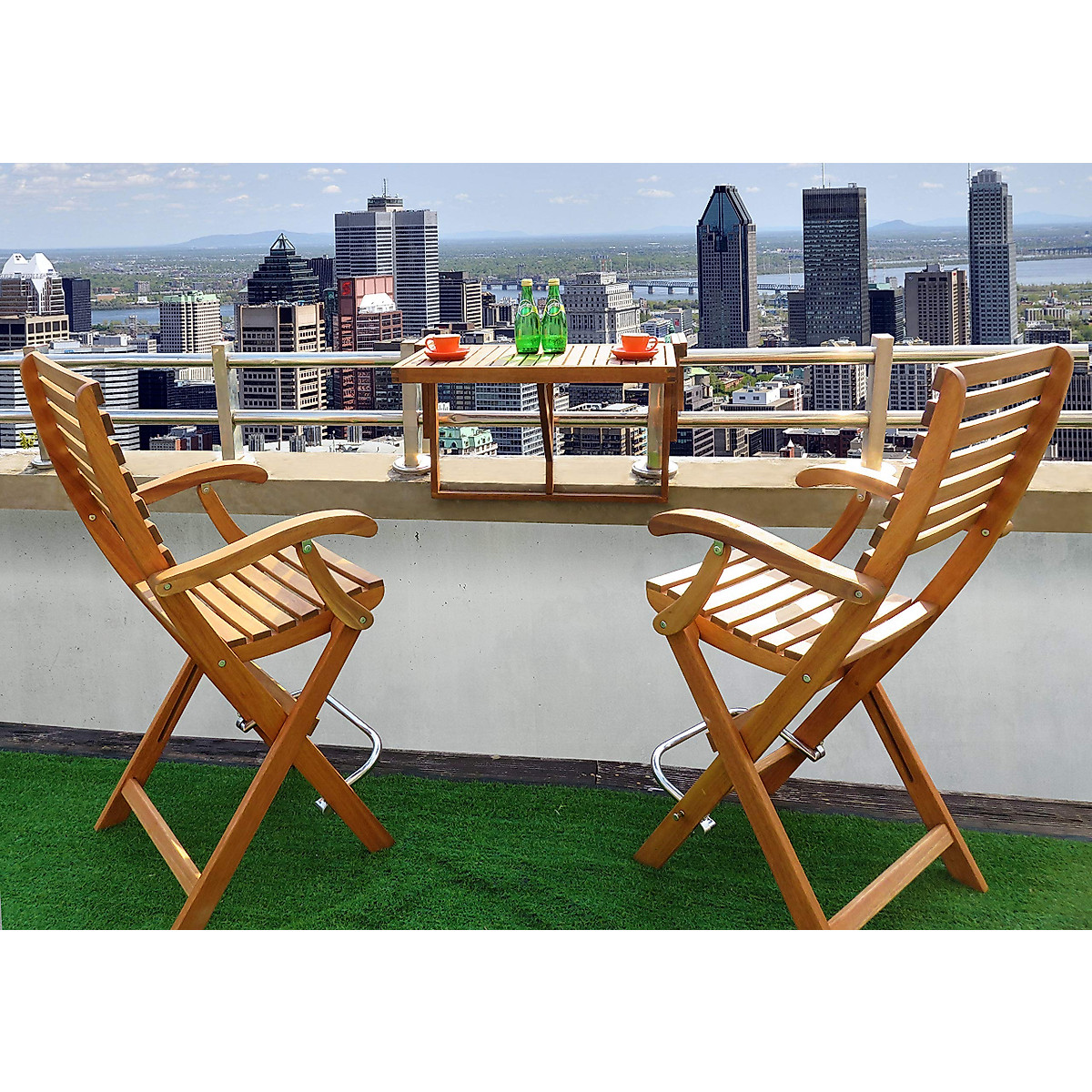 INTERBUILD REAL WOOD Acacia Hardwood Foldable Casino Bar Height Chair with Foot and Arm Rests, 26" Tall, 2 Piece Set - Golden Teak