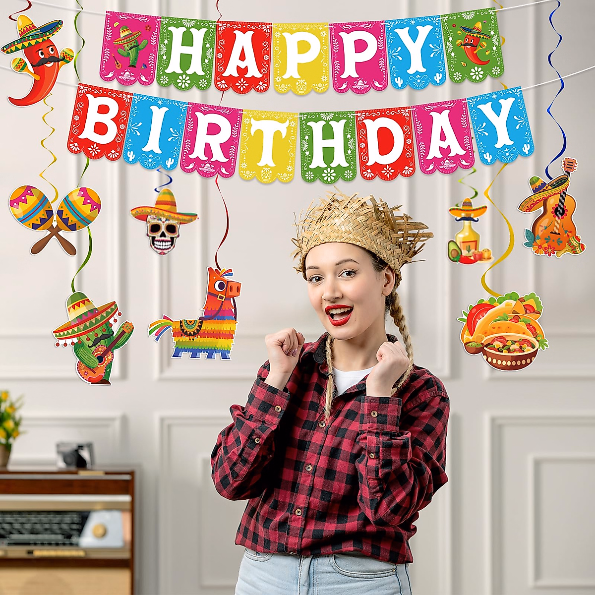 Lemicin 9PCS Mexican Fiesta Party Decorations - 1 PCS Happy Birthday Banner and 8 PCS Cinco de Mayo Mexican Hanging Swirl Party Supplies Mexican Themed Taco Birthday Party for Birthday, Festival