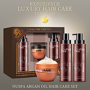 Nuspa Moroccan Argan Oil Hair Care Set - Sulfate Free for Damaged, Dry, Frizzy, Color Safe, Keratin Treated Hair with Long Lasting Shine