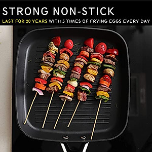 MsMk Square Grill Pan with lid, Stay-Cool Handle, Each Ridge Nonstick, Oven Safe Dishwasher Safe Induction Grill pans for Stove Tops, Square Frying Pan, Bacon Pan, Indoor Chicken Skillet, 11-Inch