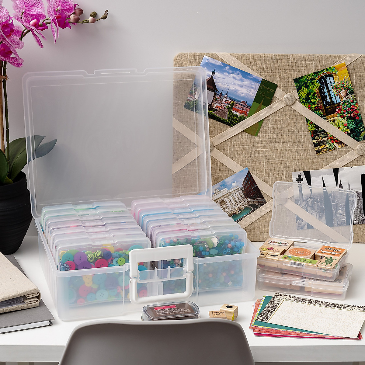 IRIS USA 4" x 6" Photo Storage Craft Keeper, 2 Pack, Main Container with 16 Organization Cases for Pictures, Crafts, Scrapbooking, Stationery Storage, Protection and Organization, Clear