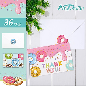 AnyDesign 36 Pack Donut Thank You Cards with Matching Seal Stickers Envelope Assorted Cartoon Doughnut Greeting Blank Note Cards for Baby Shower Wedding Birthday Party Business Stationery
