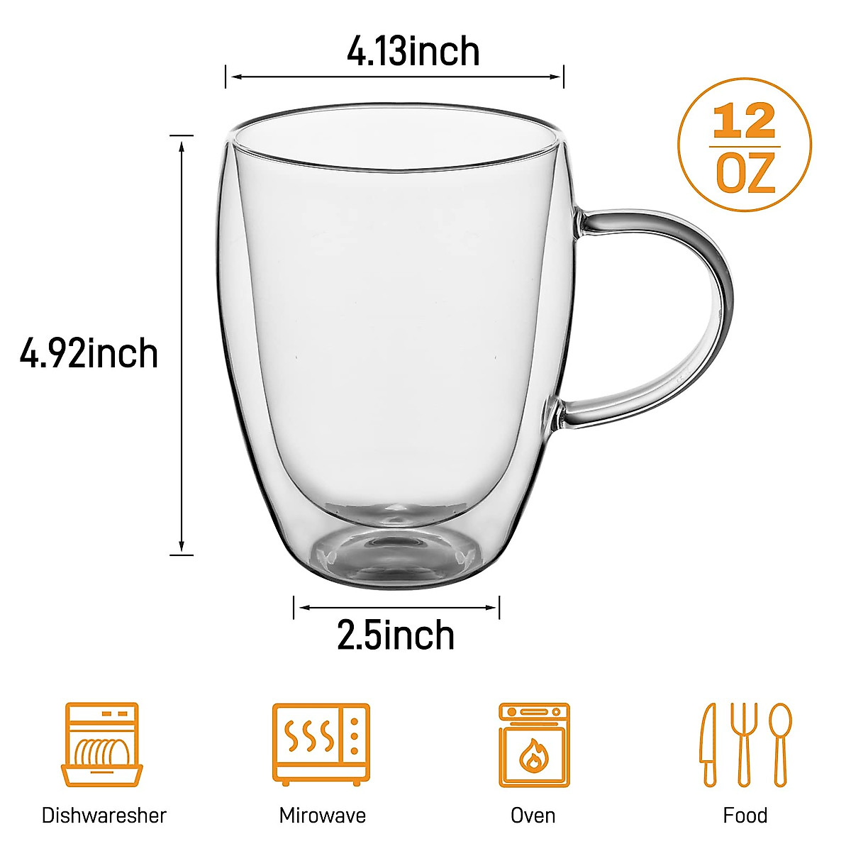 Dyserbuy Double Wall Glass Coffee Mugs Set of 4, 12oz Insulated Espresso Cups Coffee Cups, Drinking Glasses with Handle, Perfect for Latte,Cappuccino,Hot Chocolate,Tea and Juice