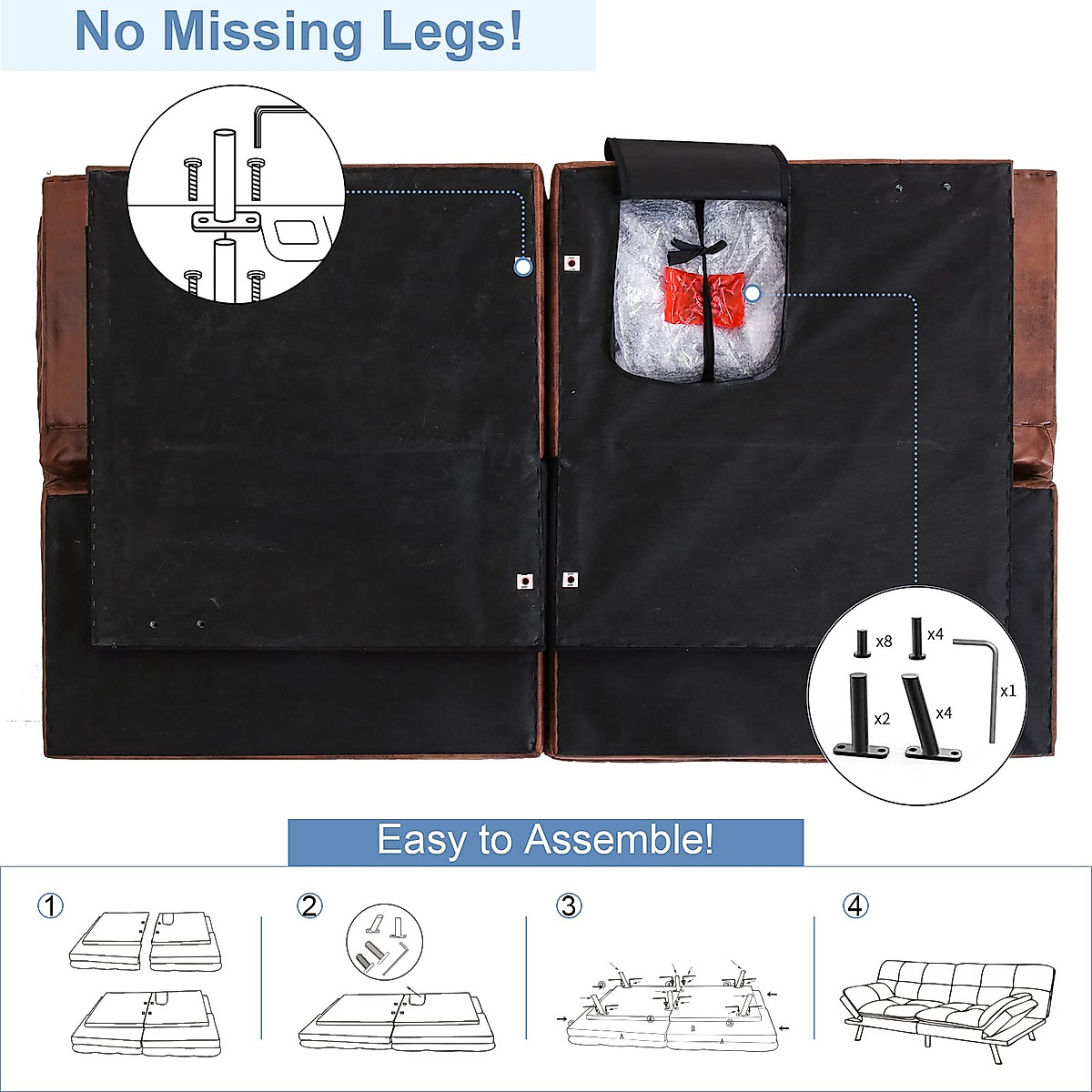 MUUEGM Futon Sofa Bed Faux Leather Memory Foam Couch Futon Sets,Convertible Sleeper Sofa for Living Room,Modern Daybed w/Removable Armrests,Love seat for Compact Living Space,Brown