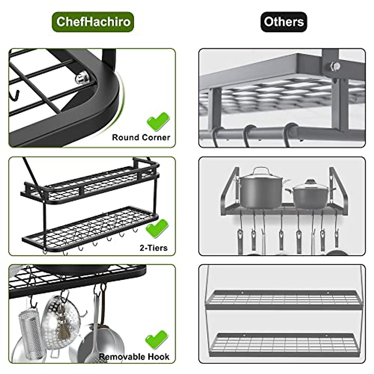 ChefHachiro Kitchen Pot Rack, Heavy Duty Wall Mount Pots and Pans Organizer, 2-Tier Wall Shelves with 12 S Hooks for Kitchen Cookware Utensils