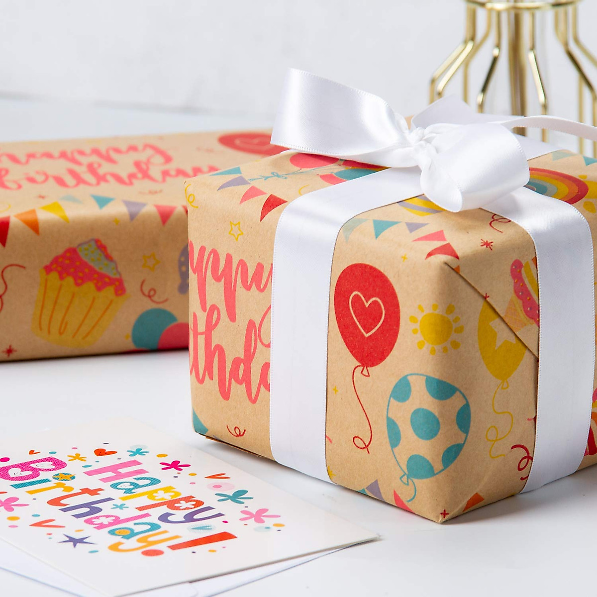 RUSPEPA Kraft Wrapping Paper Roll - Birthday Theme Design Great for Birthday, Party, Baby Shower Wrap - 24 inches X 100 feet