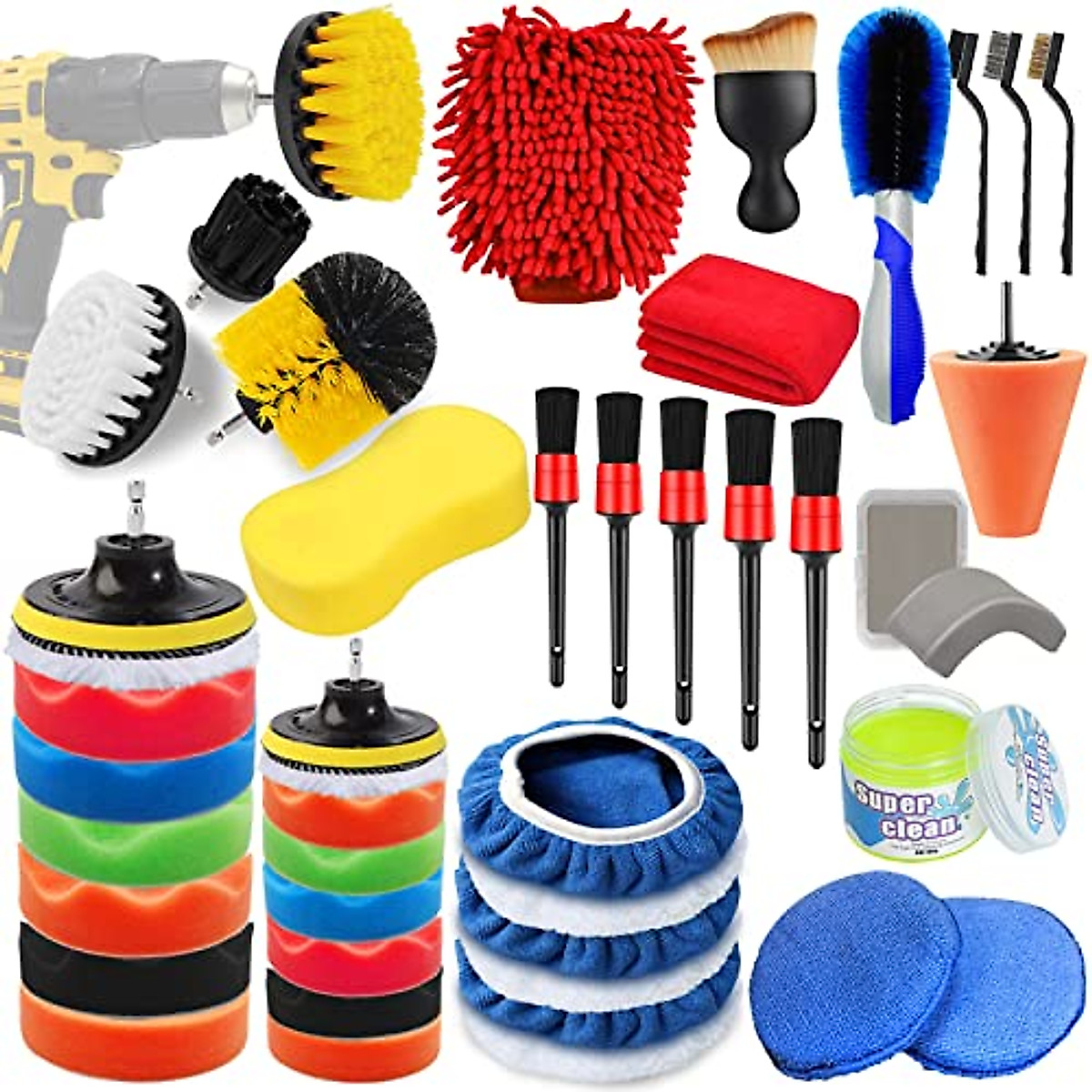 Jaronx 46PCS Car Detailing Kit, Car Detailing Brushes Car Drill Polishing Kit, 3-4 Inches Wool Sponge Drill Buffing Pads,5-6 Inches Woolen Microfiber Polishing Bonnet, Car Drill Buffer Wax Attachment
