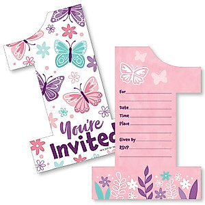 Big Dot of Happiness 1st Birthday Beautiful Butterfly - Shaped Fill-In Invitations - Floral First Birthday Party Invitation Cards with Envelopes - Set of 12