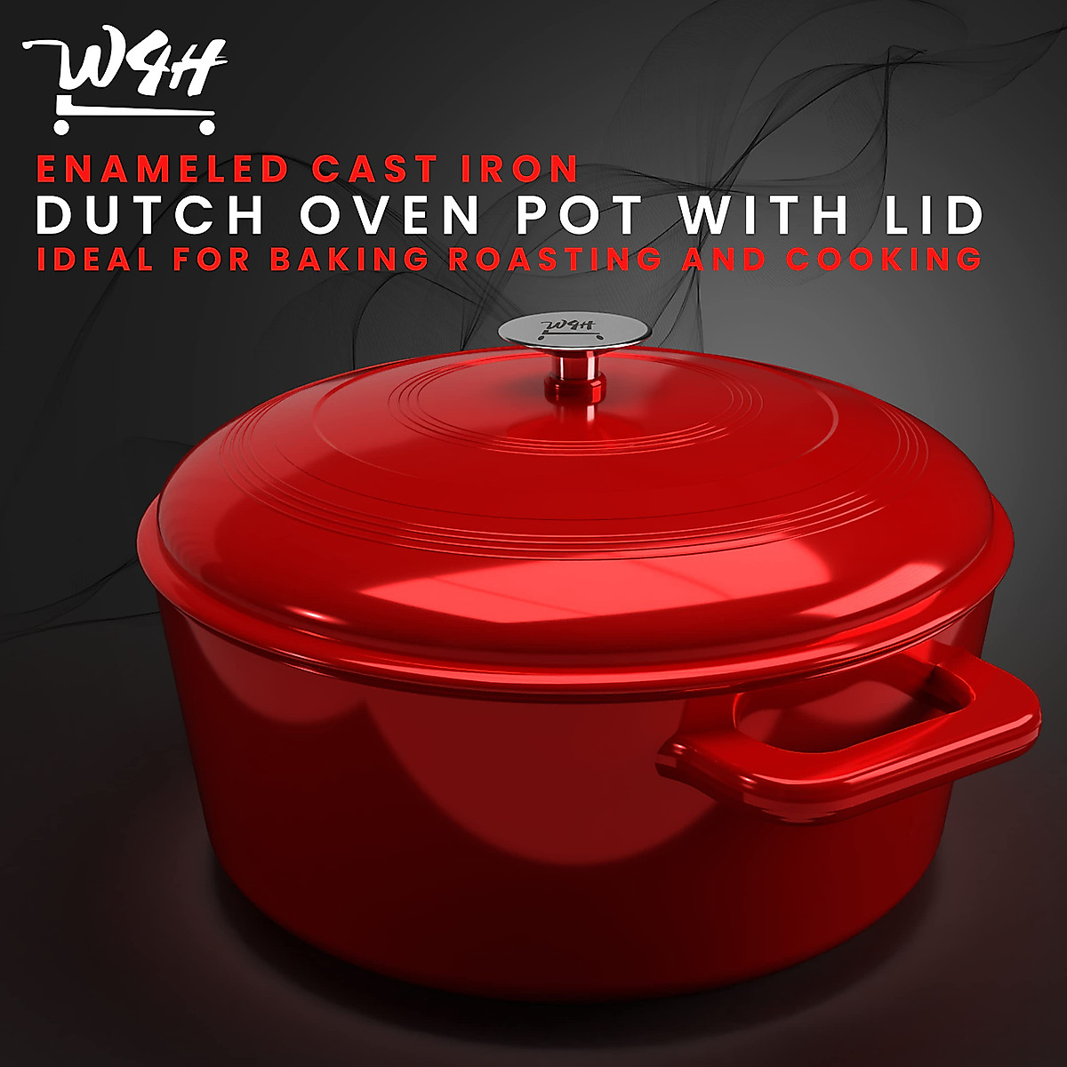W4H 6-Quart Enamel Dutch Oven - Non-Stick Cast Iron Pot with Lid for Braising, Stewing, Boiling, Bread Baking - Heat Safe up to 500°F - Multiple Colors Available