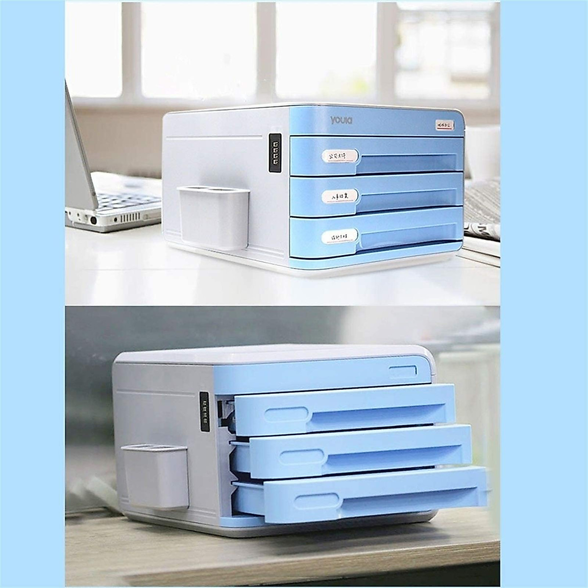 BIZOLE Desktop Organizer Storage Box - Desktop File Cabinet, 3-Layers Lockable Aluminum Alloy Flat File Cabinet, Drawer Organizer