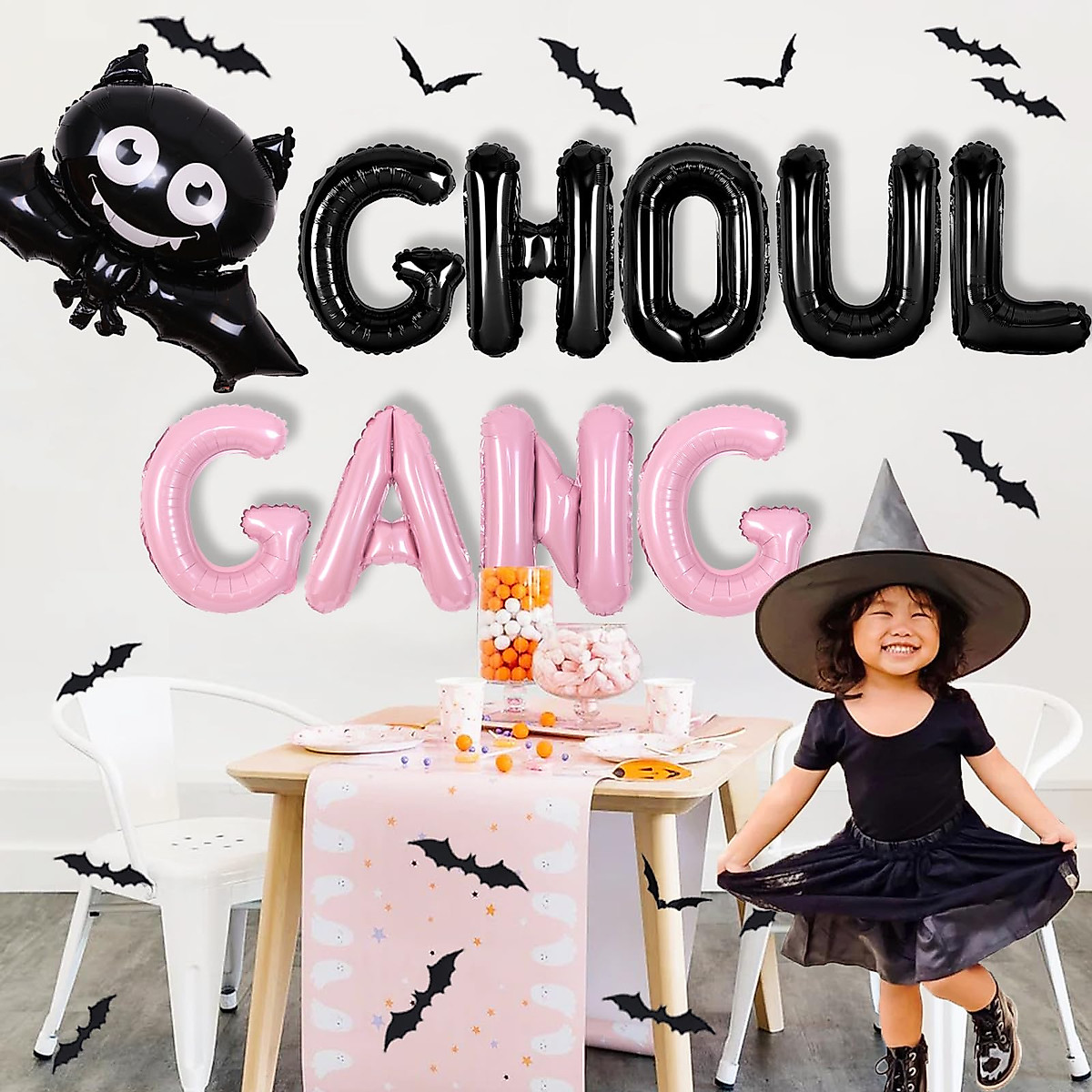 Wonmelody Halloween Ghoul Gang Birthday Party Decor for Girls Pink Black Halloween Theme Birthday Supplies Kids Halloween Party Decor with Ghoul Gang Banner Ghost and Bats for Bachelorette Party Girl