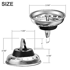 2 Pack - Kitchen Sink Strainer and Stopper Combo Basket Spring Clip Replacement for Standard 3-1/2 inch Drain, Stainless Steel Basket and Rod, Rubber Stopper Bottom