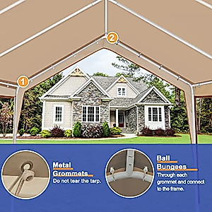 MARVOWARE 10x20 Car Canopy Replacement Carport Tarp Cover with Fabric Pole Skirts Ball Bungees for Tent Top Garage Boat Shelter(Only Tarp Cover) Carpas para Carros(Sólo Hule)