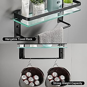 Ddtohan 15.7 Inches Glass Bathroom Shelf, Floating Shelves with Rail and Towel Bar, 2- Tier 8mm Thick Tempered Glass Wall Mounted Shower Storage for Bathroom, Office, Laundry Room