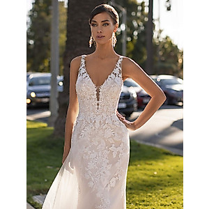 Noras dress Women's Lace Sheer Neck Wedding Dresses for Bride Flowy Tulle Wedding Bridal Gowns White 2