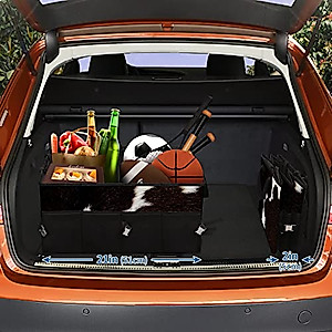 GACTIVITY Black And White Cowhide Car Trunk Organizer,Collapsible Cargo Storage Tote Bag,Non Slip,3 Divider Compartments, Automotive Interior Accessories for Auto SUV Truck Vehicle Picnic Camping